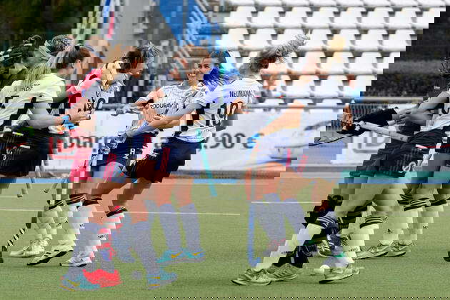 from left Agustina Habif MHC, 5 , goal scorer Charlotte Hendrix MHC, 48 ...