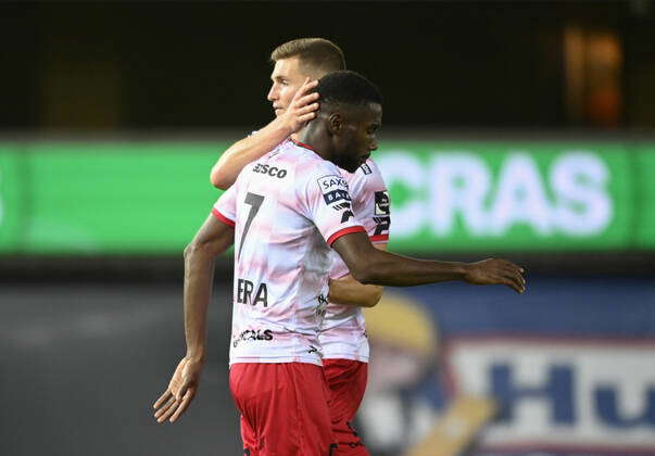 Essevee s Alieu Fadera celebrates after scoring during a soccer match ...