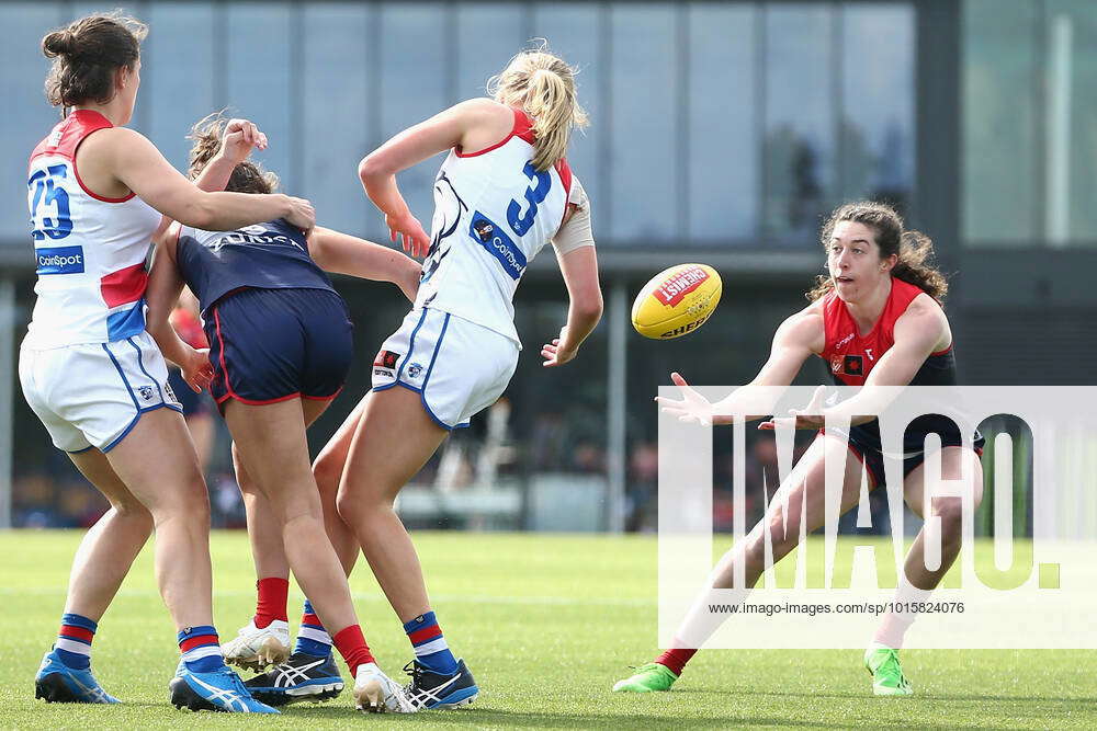 AFLW DEMONS BULLDOGS, Alyssa Bannan of the Demons gathers the ball ...