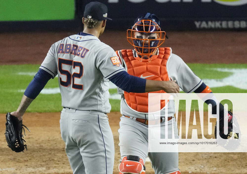 Houston Astros closing pitcher Bryan Abreu is congratulated by catcher ...