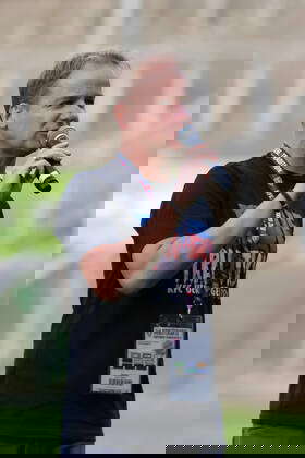 Krefeld, Germany, 30 10 2022 Stadium announcer Jochen Steffens and the Grotifant, mascot of KFC