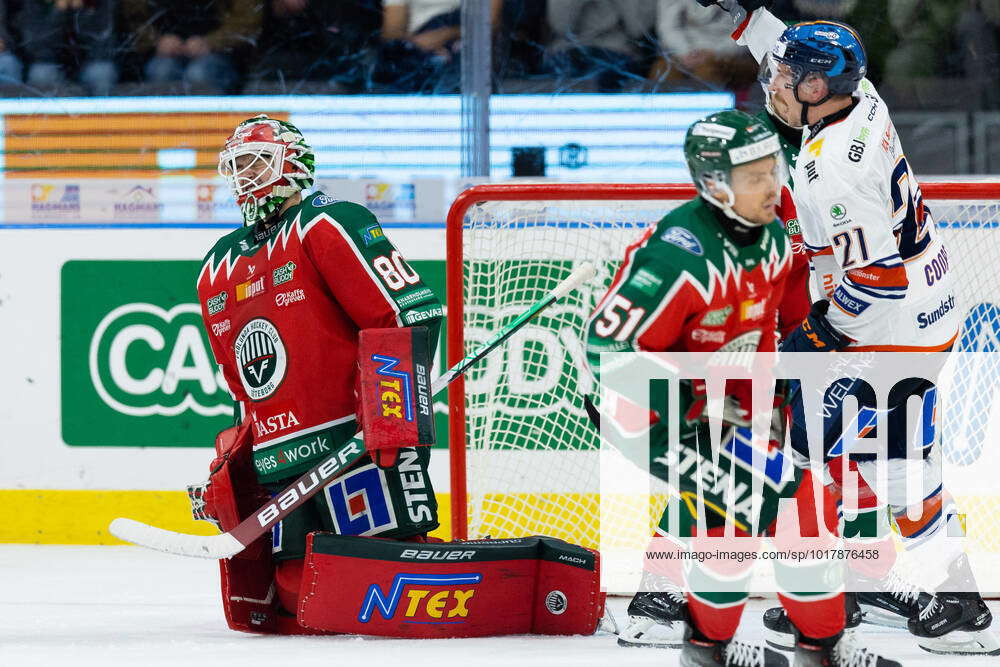 Frölundas goalkeeper Frederik Dichow depresses after 1 1 during the ice hockey match in the SHL