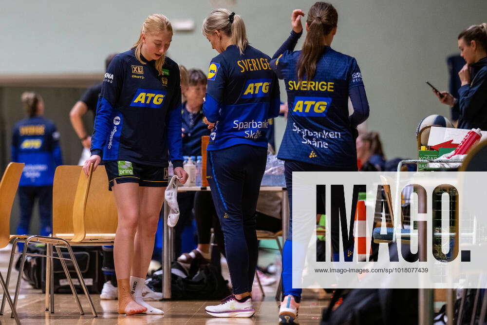 Tyra Axnr and Annelie Hallqvist, physiotherapist, of Sweden during a ...