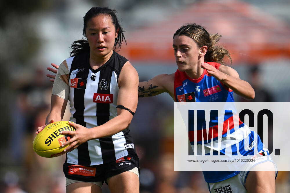 AFLW MAGPIES BULLDOGS, Joanna Lin of Collingwood (left) is tackled by ...