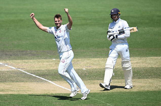 CRICKET SHIELD QLD VIC, Mark Steketee (left) of the Bulls celebrates ...