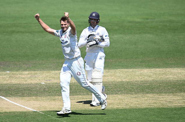 CRICKET SHIELD QLD VIC, Mark Steketee (left) of the Bulls celebrates ...