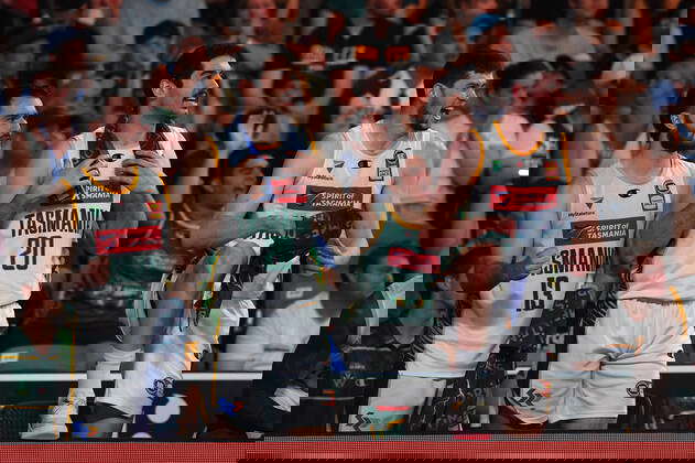 NBL BULLETS JACKJUMPERS, The JackJumpers bench reacts during the NBL ...