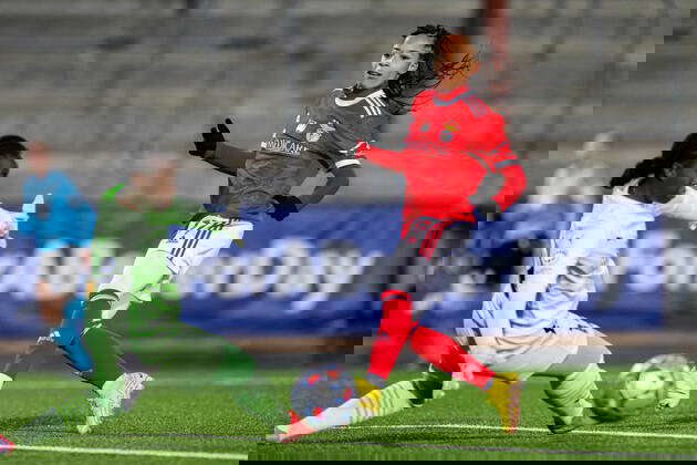 Andreia Norton of Benfica against goalkeeper Angel Mukasa of Rosengard ...