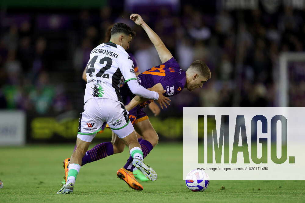 ALEAGUE GLORY WESTERN UNITED, Jacob Muir of the Glory is tackled by ...