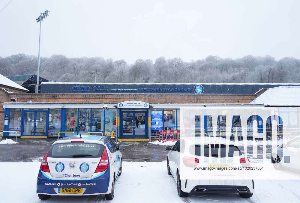 Wycombe Wanderers FC Adams Park stadium surrounded by snow at Wycombe ...
