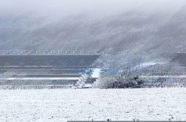 Wycombe Wanderers FC Adams Park stadium surrounded by snow at Wycombe ...