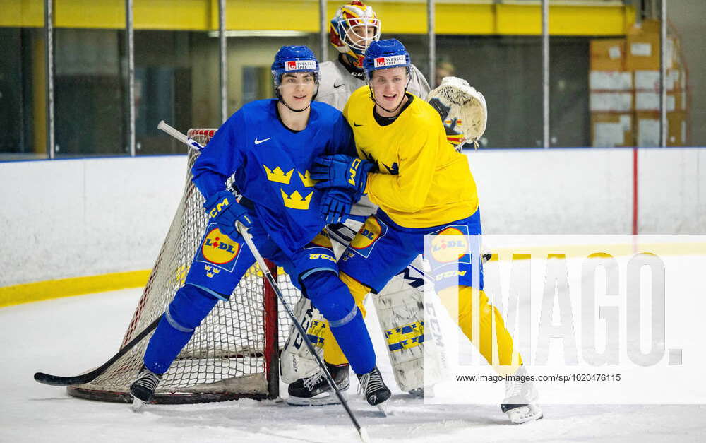 221215 Liam Öhgren, Elias Pettersson and goaltender Carl Lindbom of ...