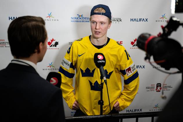 Filip Bystedt of Sweden in the mixed zone after the 2023 IIHF World ...