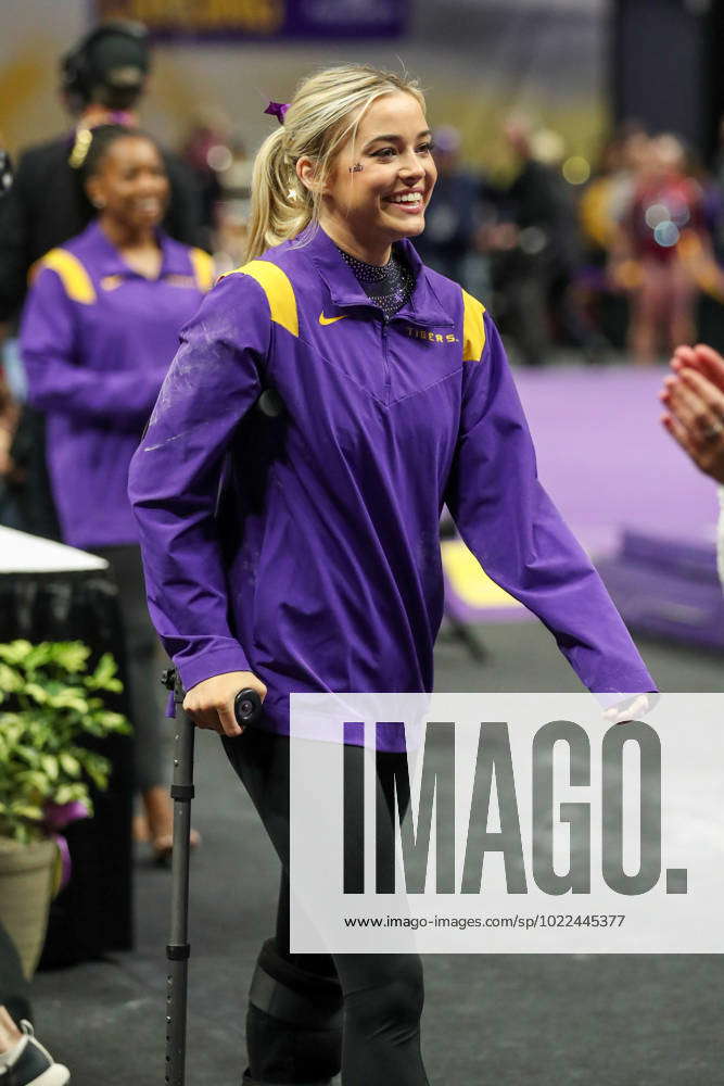 January 16, 2023: Injured LSU gymnast Olivia Lizzy Dunn walks to the ...