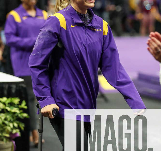 January 16, 2023: Injured LSU gymnast Olivia Lizzy Dunn walks to the ...