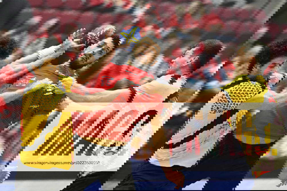 MALMÖ 20230119 Egypts Yehia Elderaa grinds the ball between Belgiums ...