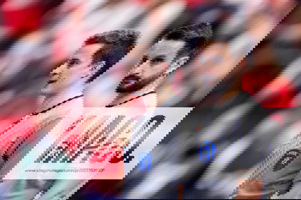 230119 Referees Bojan Lah and David Sok after the 2023 IHF World Mens Handball Championship match