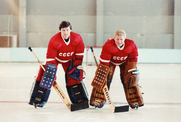 April 13-14, 1985. Moscow, USSR. Goalkeepers of the USSR national Ice ...