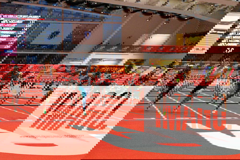 BOSTON, MA - FEBRUARY 04: A general view of the finish of the men s 60m ...