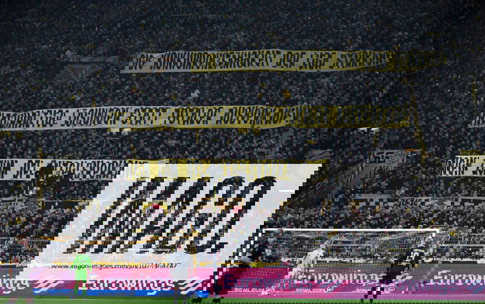 DFL protest banner of BVB fans on the south stand 19 02 2023, football ...
