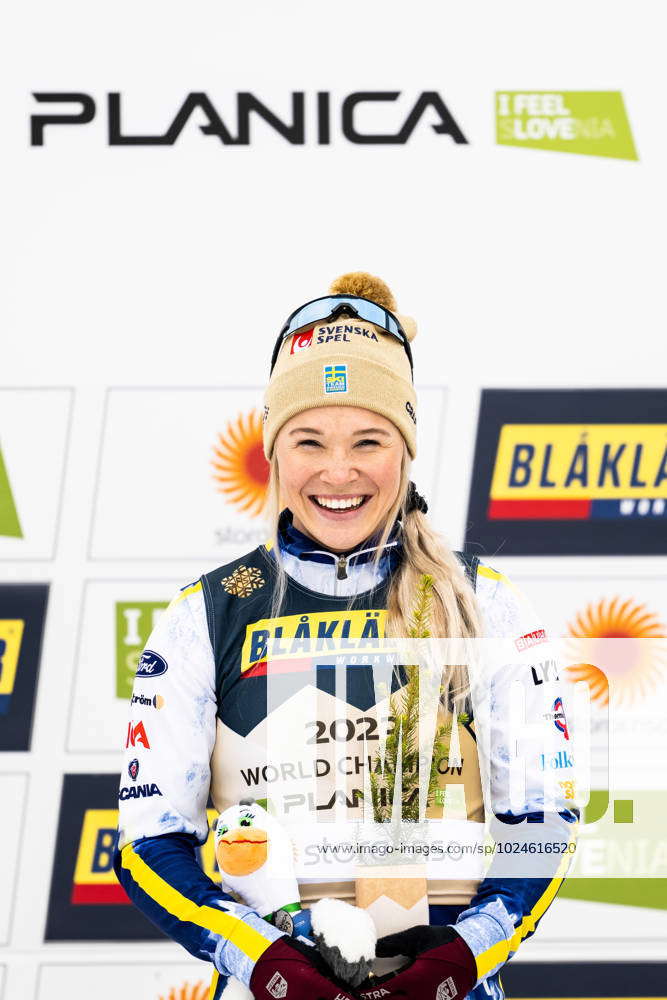230223 Jonna Sundling gold of Sweden celebrates on the podium after the ...