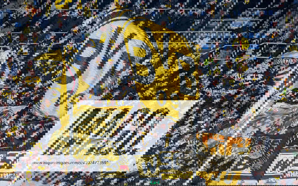 Die mitgereisten Ultras von Borussia Dortmund (BVB 09) im Gästeblock ...