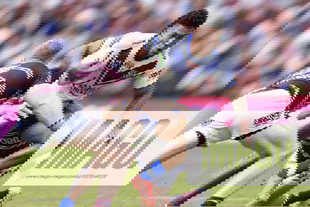 NRL SEA EAGLES BULLDOGS, Hayze Perham of the Bulldogs is tackled during ...