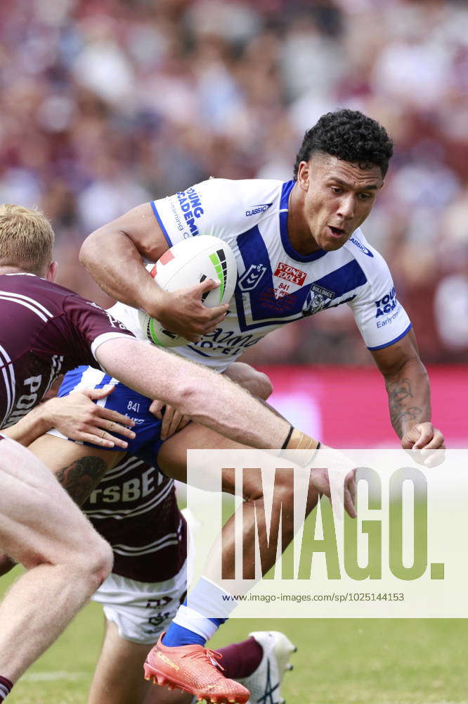 NRL SEA EAGLES BULLDOGS, Hayze Perham of the Bulldogs is tackled during ...