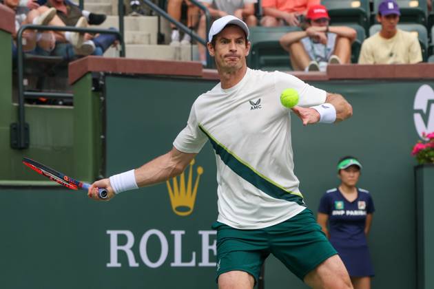 INDIAN WELLS, CA - MARCH 08: Andy Murray hits a forehand during the BNP ...