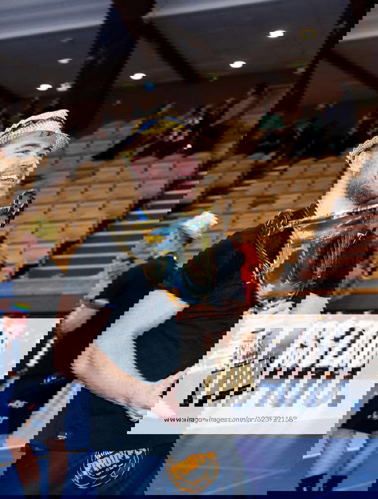 230314 IFK Kristianstads Ludvig Aström celebrates with the trophy after ...