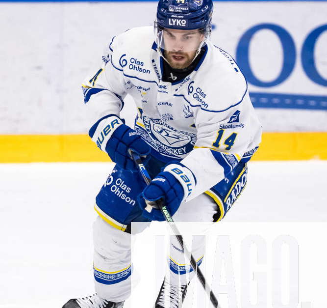 230314 Leksands Oskar Lang during round of 16 final three in the SHL ...