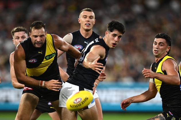 AFL TIGERS BLUES, Toby Nankervis of Richmond (left) and Adam Cerra of ...