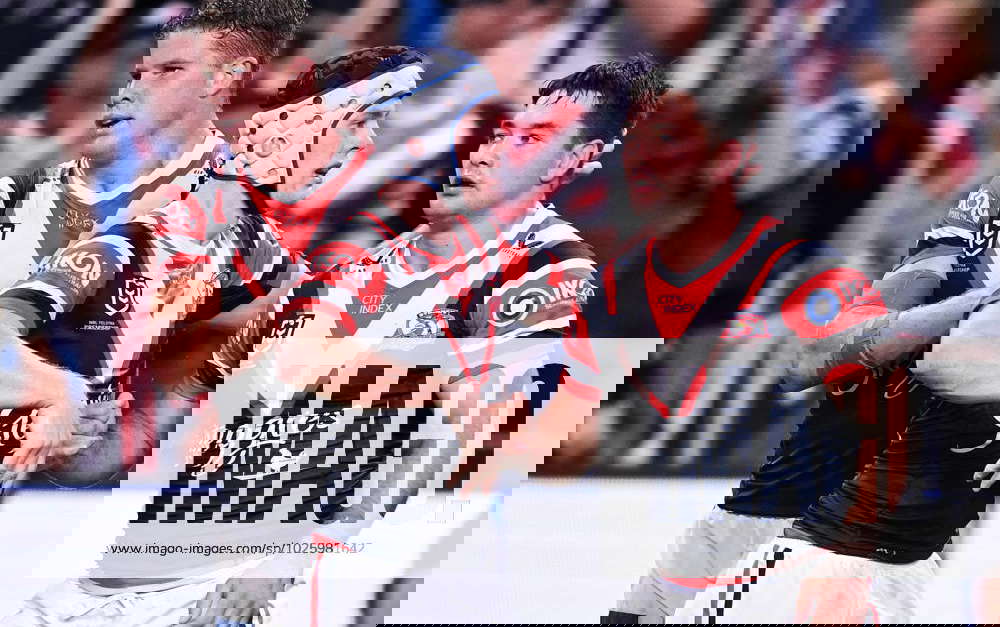 NRL ROOSTERS RABBITOHS, Brandon Smith of the Roosters (right ...