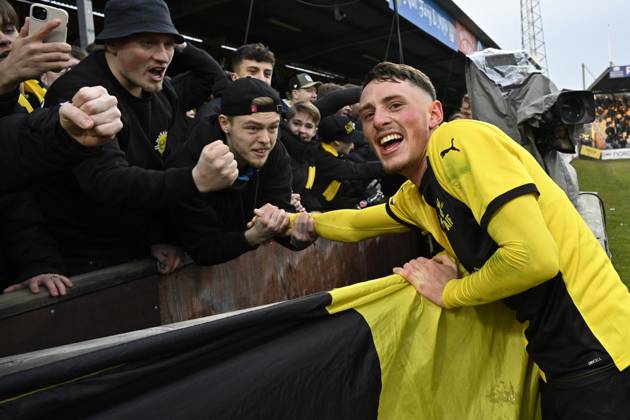 SÖLVESBORG 20230318 Mjällbys Noah Persson celebrates with his heel ...