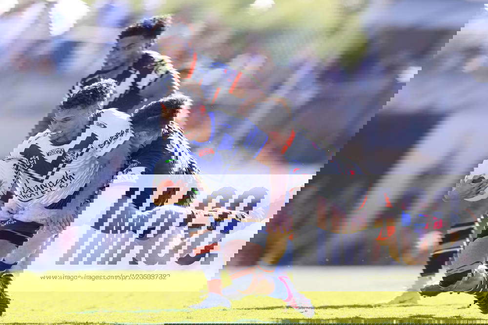 NRL BULLDOGS TIGERS, Jake Averillo of the Bulldogs surges with the ball ...