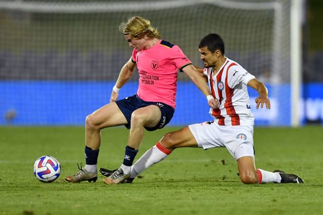 ALEAGUE MACARTHUR CITY, Lachlan Rose of the Bulls and Nuno Miguel ...
