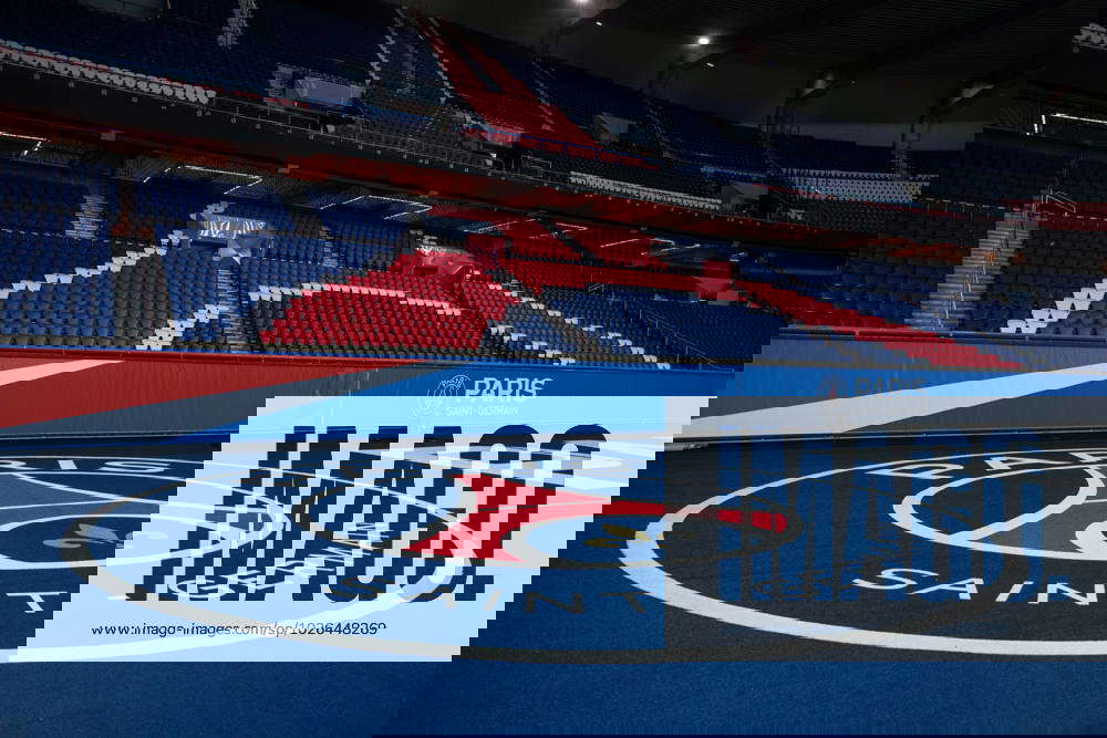 Symbolic image PSG logo in the stadium in front of the grandstand with ...