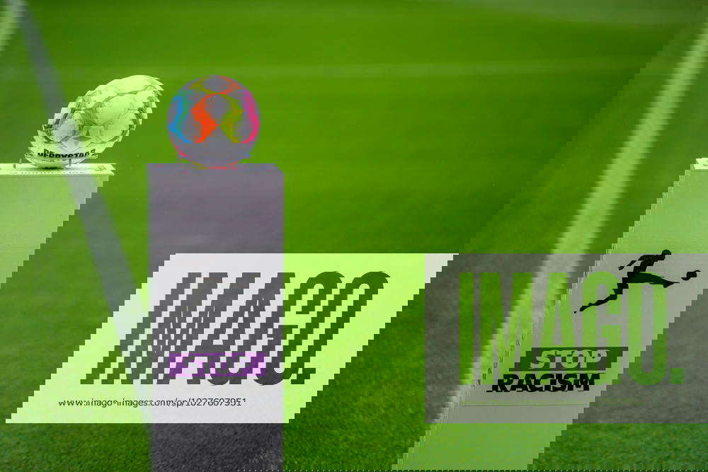 The Derbystar match ball is ready on a stele with a Stop Racism logo ...