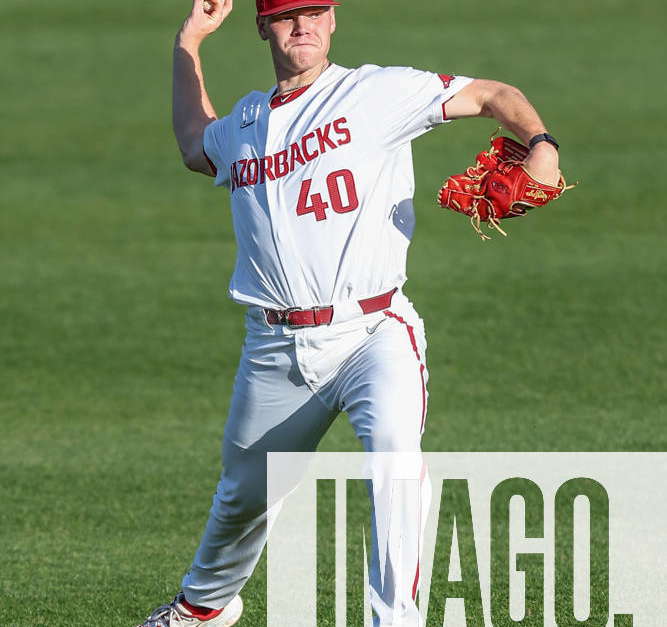 April 11, 2023: Ben Bybee 40 Arkansas pitcher works to loosen his arm ...