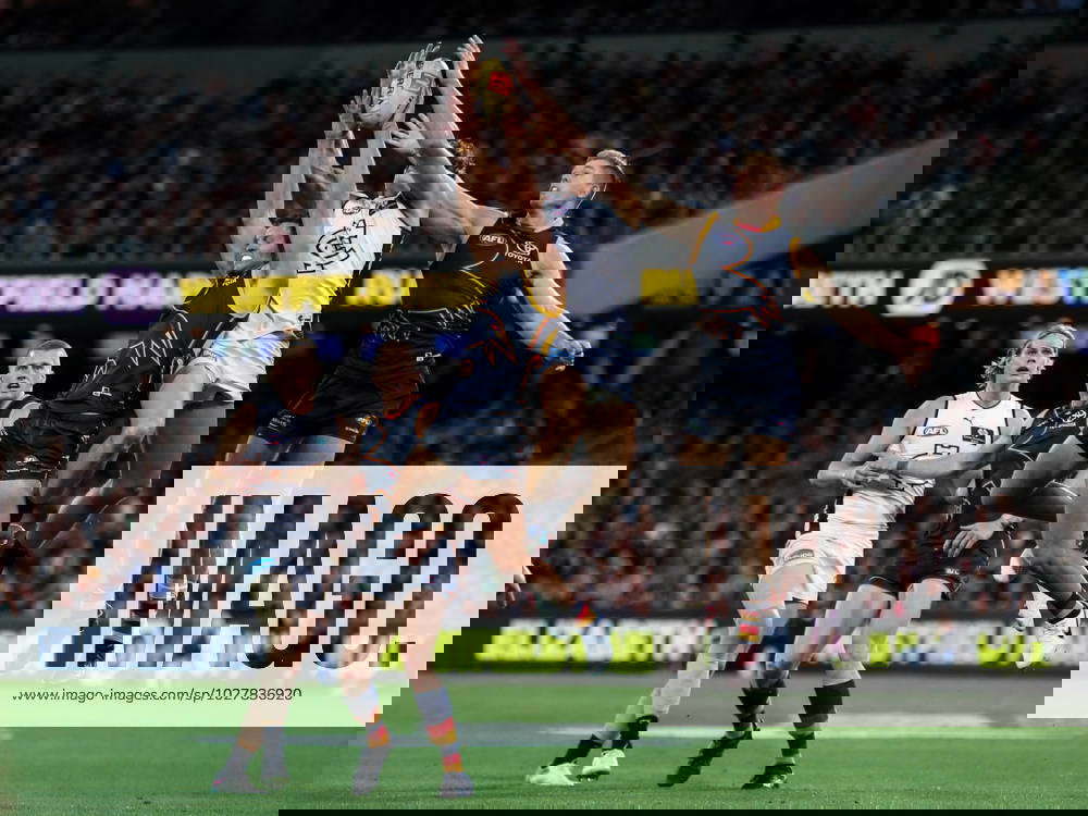 AFL CROWS BLUES, Charlie Curnow of the Blues marks the ball between ...