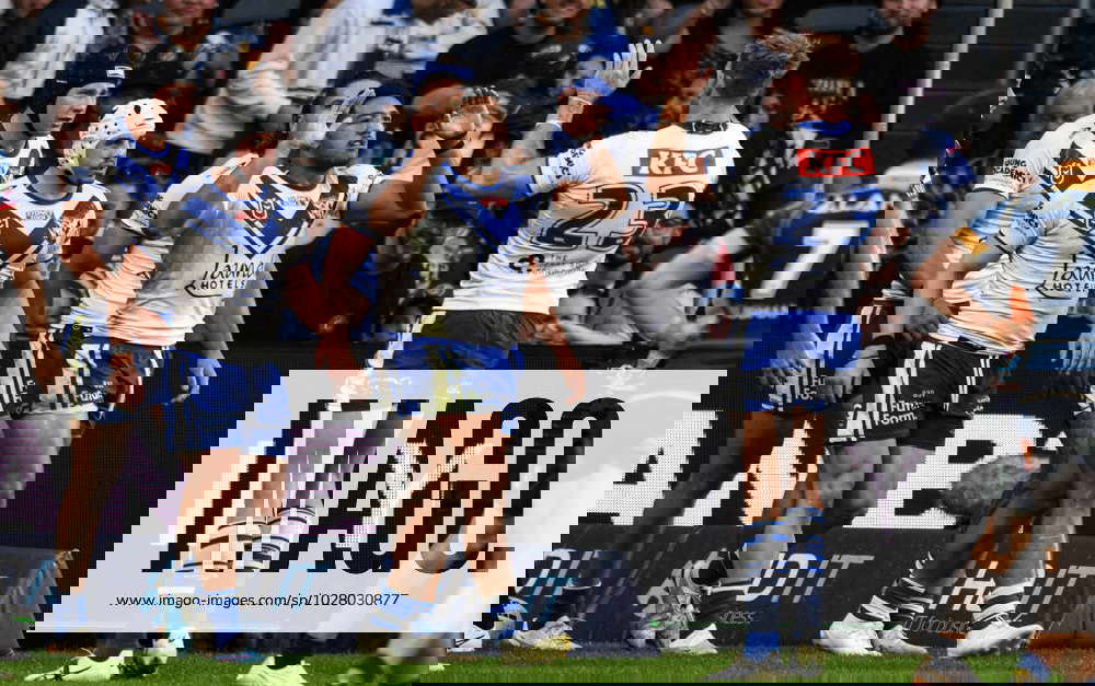 NRL EELS BULLDOGS, Paul Alamoti of the Bulldogs celebrates scoring a ...