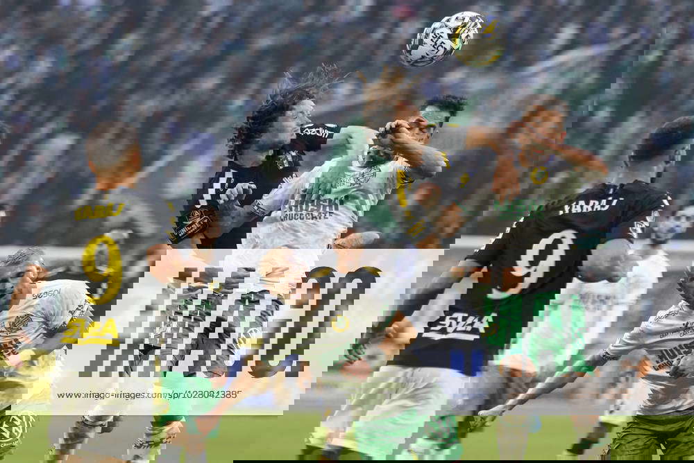 STOCKHOLM 20230416 AIKs Axel Björnström and Hammarbys Loret Sadiku in a header duel during s