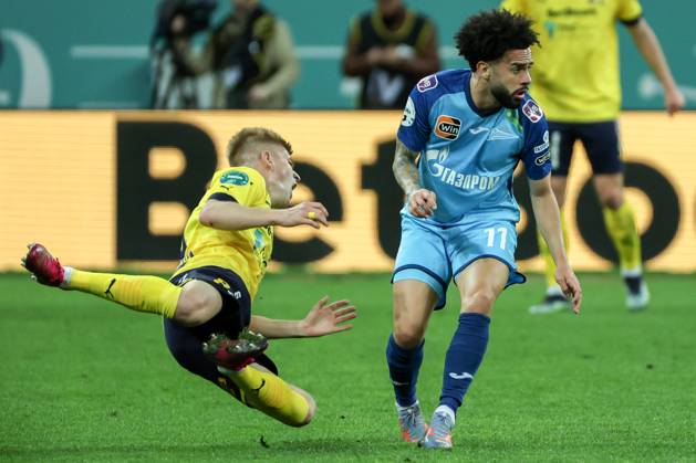 RUSSIA, ROSTOV-ON-DON - APRIL 16, 2023: FC Rostov s Alexei Mironov (L) and FC Zenit St Petersburg s