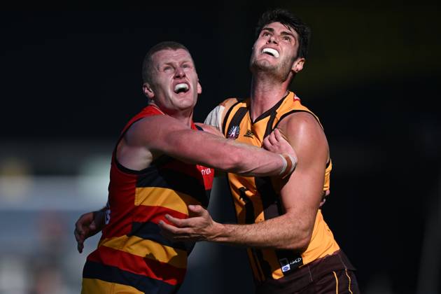 AFL HAWKS CROWS, Reilly O Brien of the Crows and Ned Reeves of Hawthorn ...