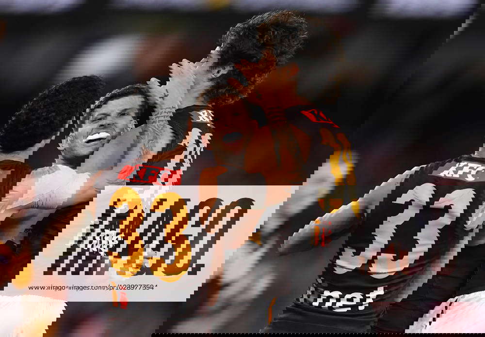 AFL BULLDOGS HAWKS, Tyler Brockman, Luke Breust and Max Ramsden of the ...