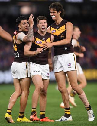 AFL BULLDOGS HAWKS, (L-R) Tyler Brockman, Luke Breust and Max Ramsden ...