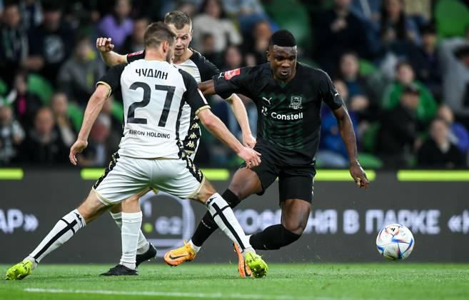 RUSSIA, KRASNODAR - MAY 3, 2023: Akron s Ivan Chudin, Krasnodar s Jhon ...