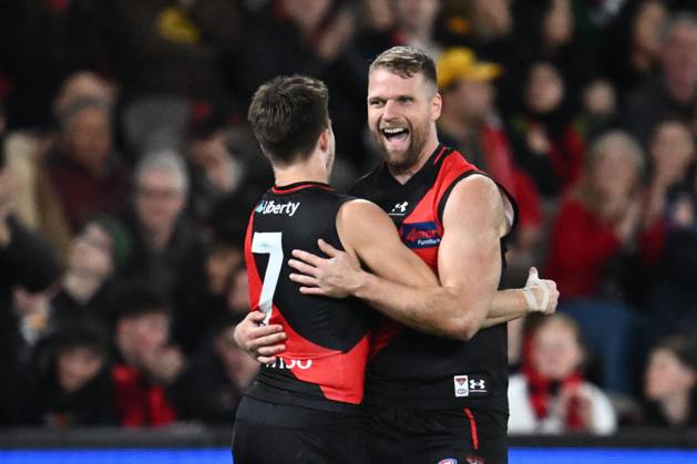 AFL BOMBERS CROWS, Jake Stringer of Essendon celebrates scoring a goal ...