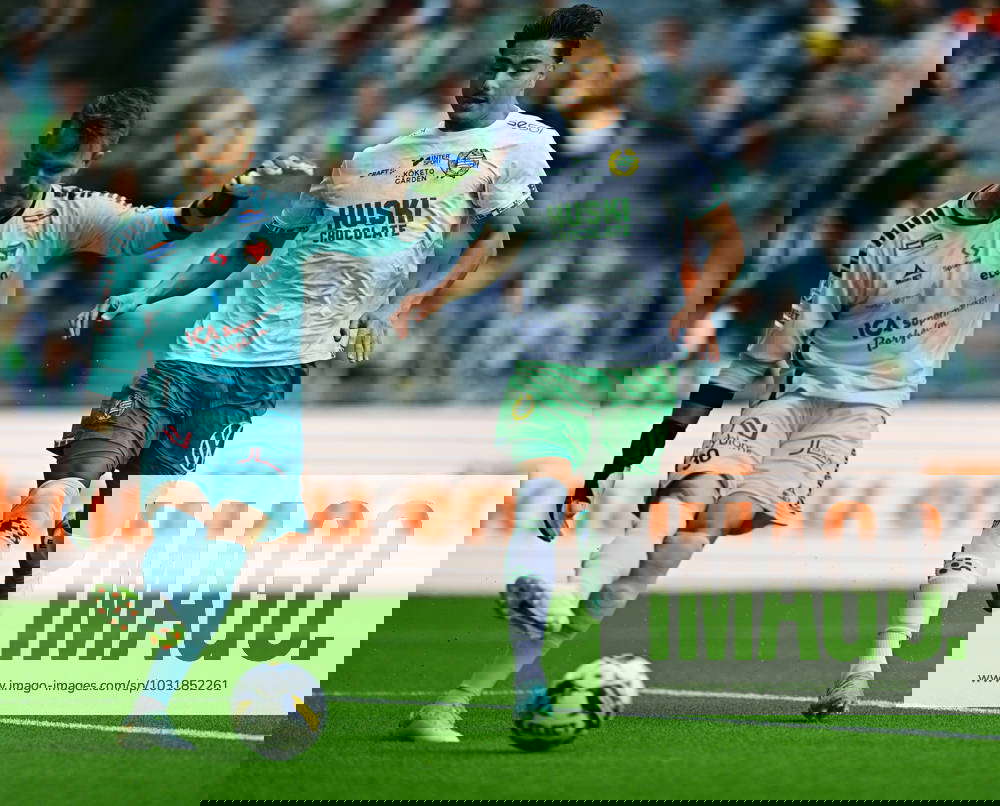 STOCKHOLM 20230716 Hammarbys Jusef Erabi and Kalmars goalkeeper Jakob ...