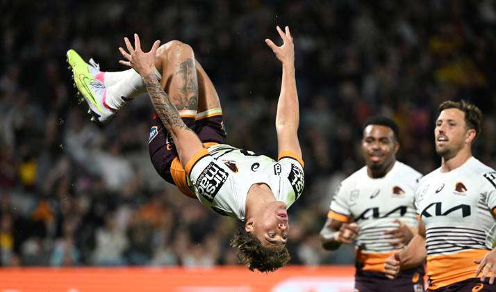 NRL RABBITOHS BRONCOS, Reece Walsh of the Broncos does a backflip to ...